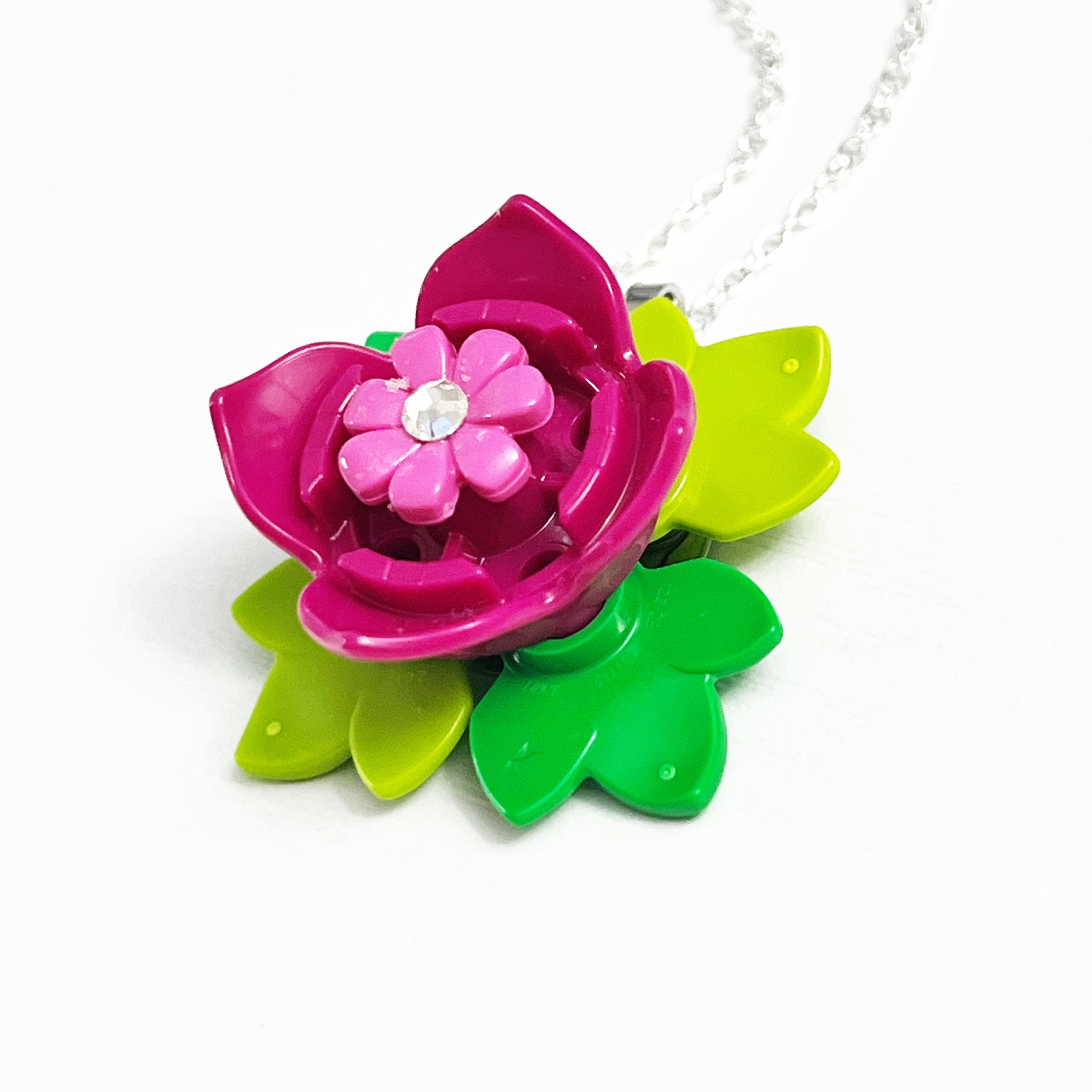 Handmade LEGO Pink Flower With Leaves and Bling Pendant - Etsy