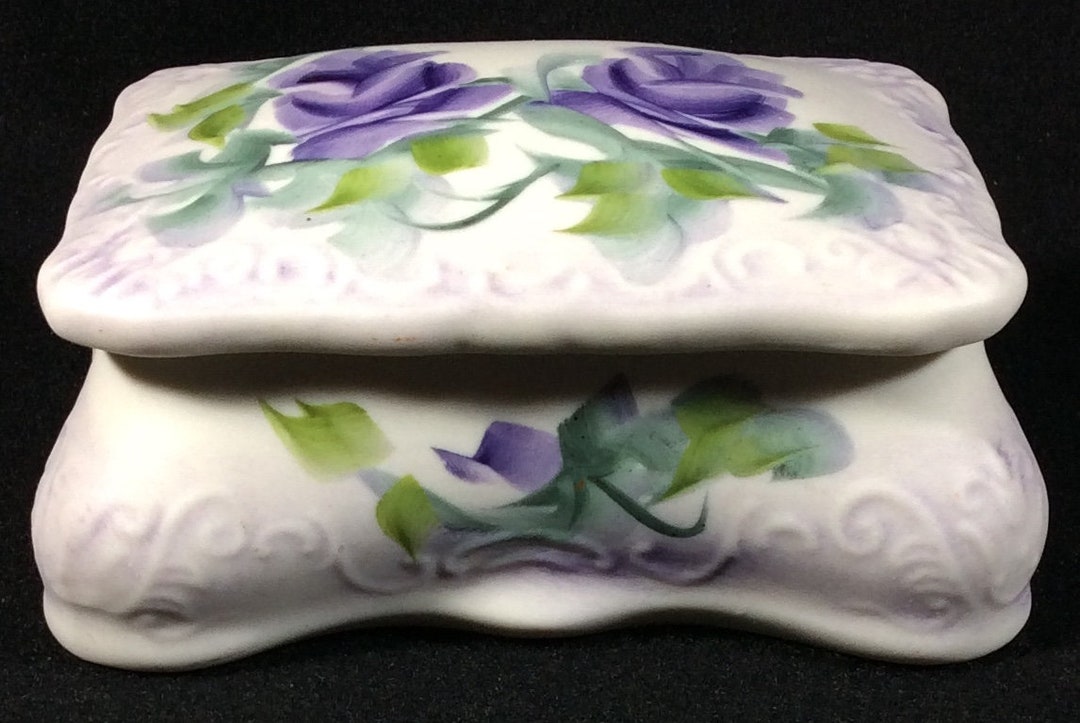 Purple Roses White Trinket Box, Porcelain, M. Brinks, Flint Michigan ...