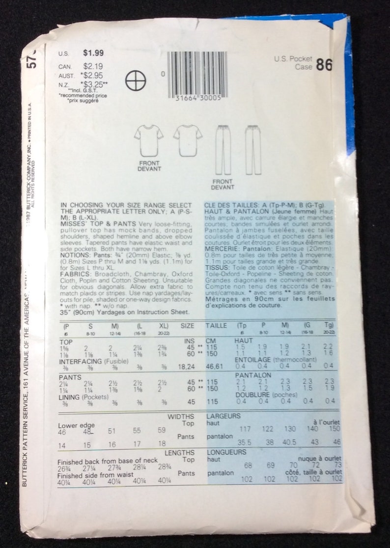 See & Sew Butterick Misses' Top And Pants Pattern 5703 | Etsy