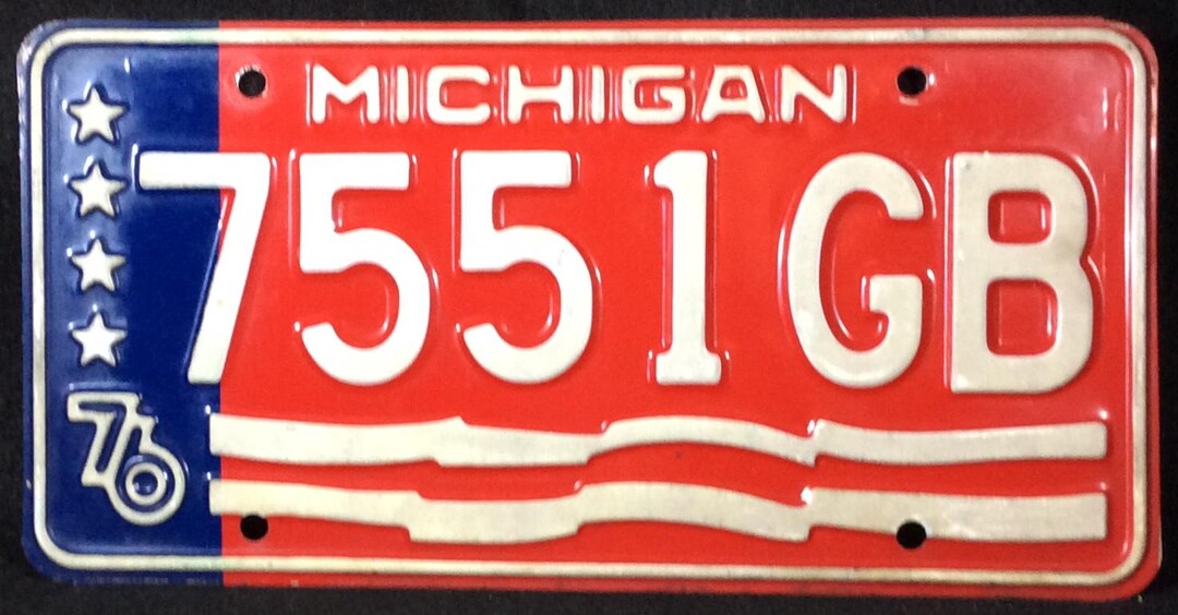 1976 Michigan Metal License Plate, Red, White, Blue, Great Lake State ...