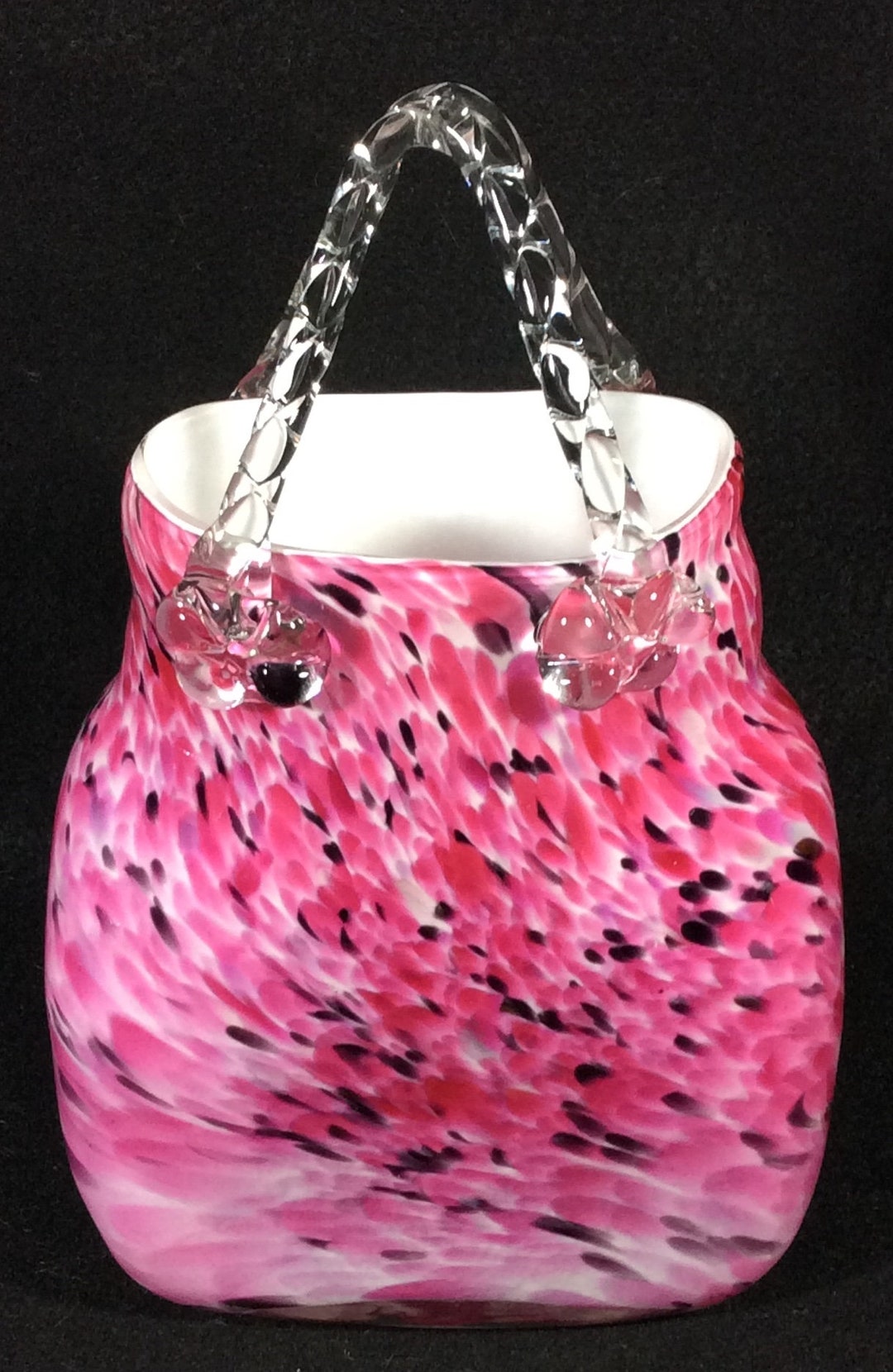 Handblown Art Glass Handbag Purse Vase, Applied Clear Glass Handles ...