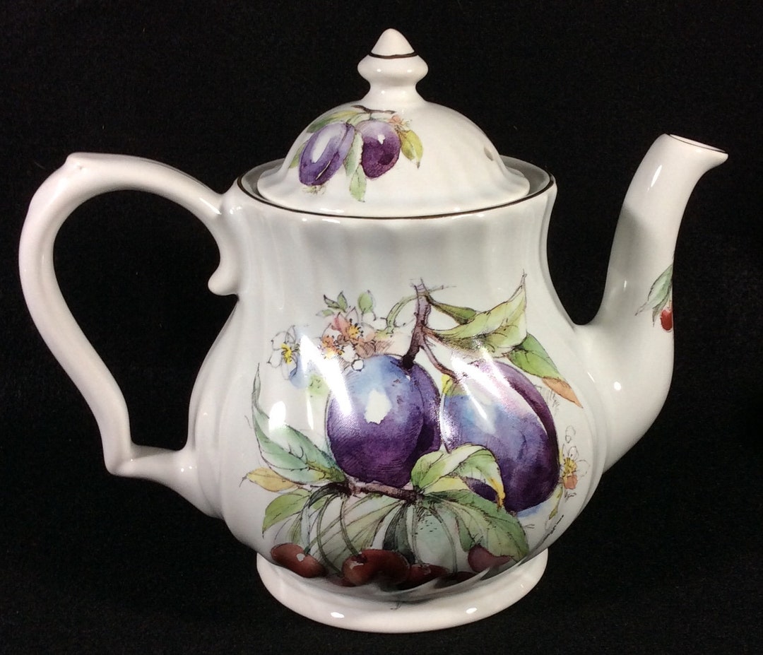 Lefton Fruited Tea Pot, Made in England, Apples, Apple Blossoms, Plums ...