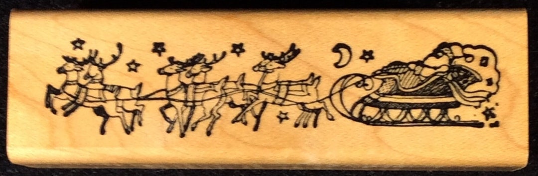 Santa Claus in Sleigh With Eight Reindeer Wood Mounted Rubber Stamp ...
