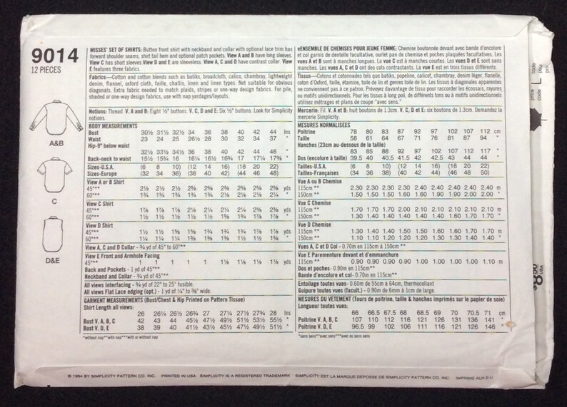 Simplicity Misses Set of Shirts Pattern 9014 Size 6 8 10 - Etsy