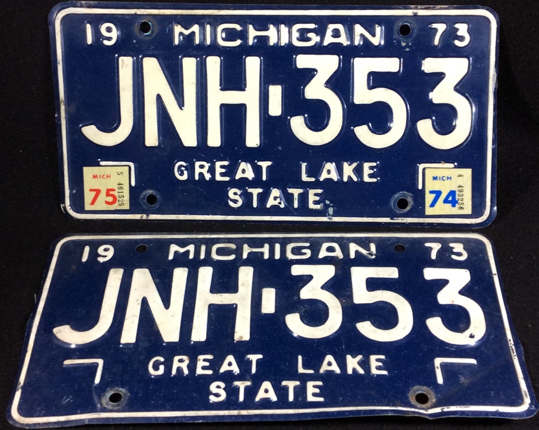 1973 Front and Back Michigan Metal License Plates, Blue, White, Great ...