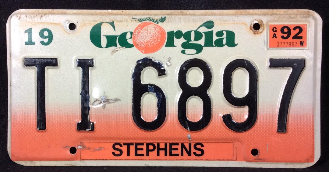 1992 Georgia Stephens County Metal License Plate, Orange, White, Peach ...