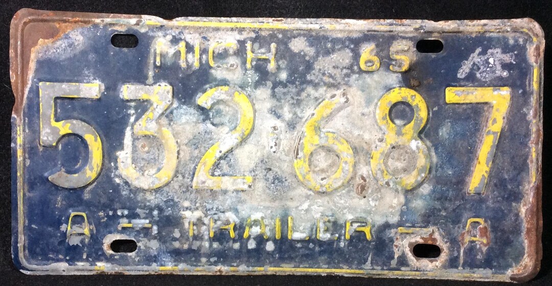 1965 Michigan Metal License Plate, Blue, White, Great Lake State ...