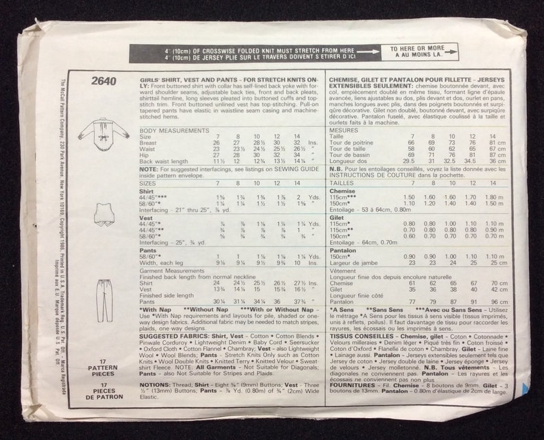Mccall's Girls' Shirt Vest and Pants Pattern 2640 - Etsy