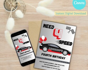 EDITABLE Need FOUR Speed Birthday Invitation, Race Car, Printable ...