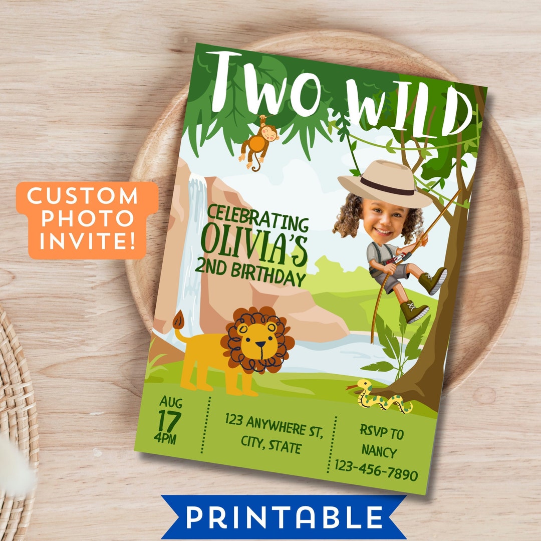 Two Wild Safari Birthday Invitation, 2nd Birthday Jungle Theme, Animals ...