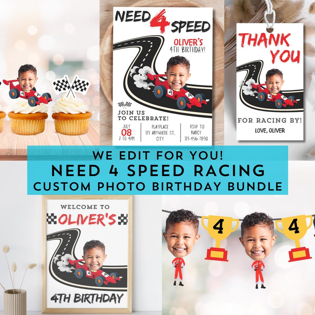 Need Four Speed Decorations Race Car Birthday Bundle Custom Face Photo ...