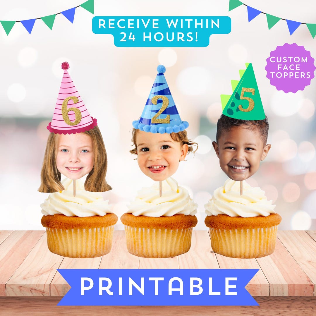 Custom Party Hat Cake Topper, Digital Download, Face Photo Cupcake ...