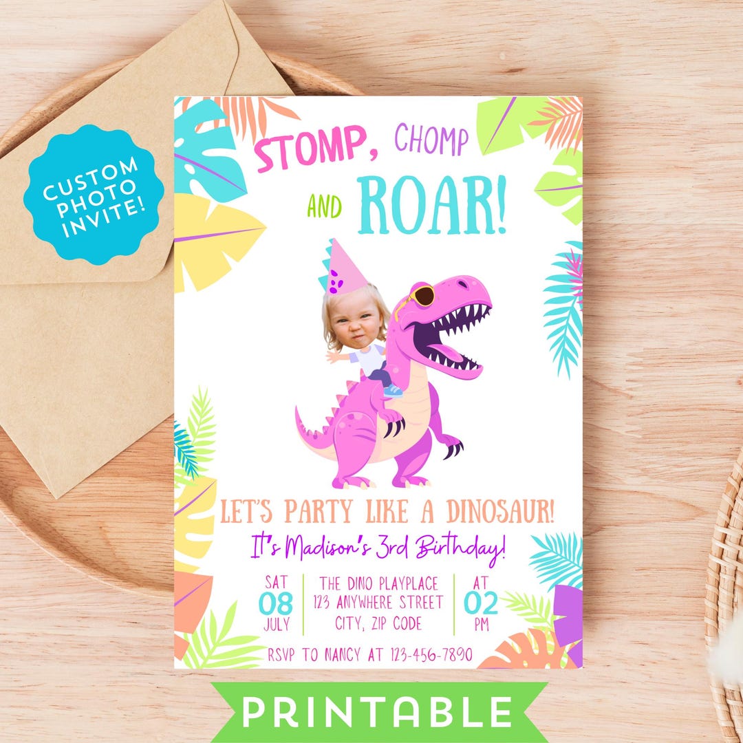 Pastel Dinosaur Birthday Invitation Girl Three Rex Custom Face Photo ...