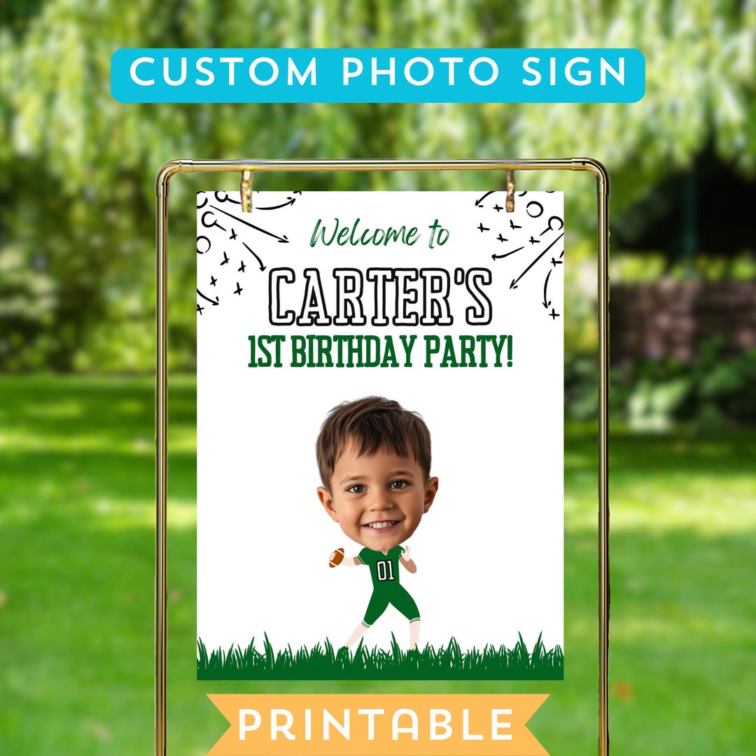 First Year Down Welcome Sign Custom Face Photo, Sports Birthday Party ...