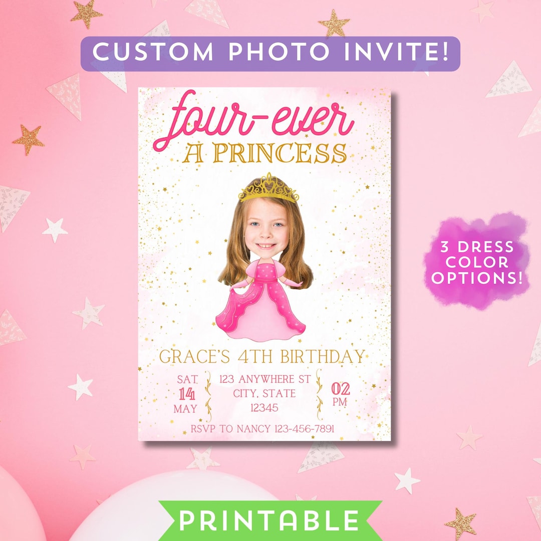 Four Ever Princess Party Invite, Princesses Theme, 4th Birthday Girl ...