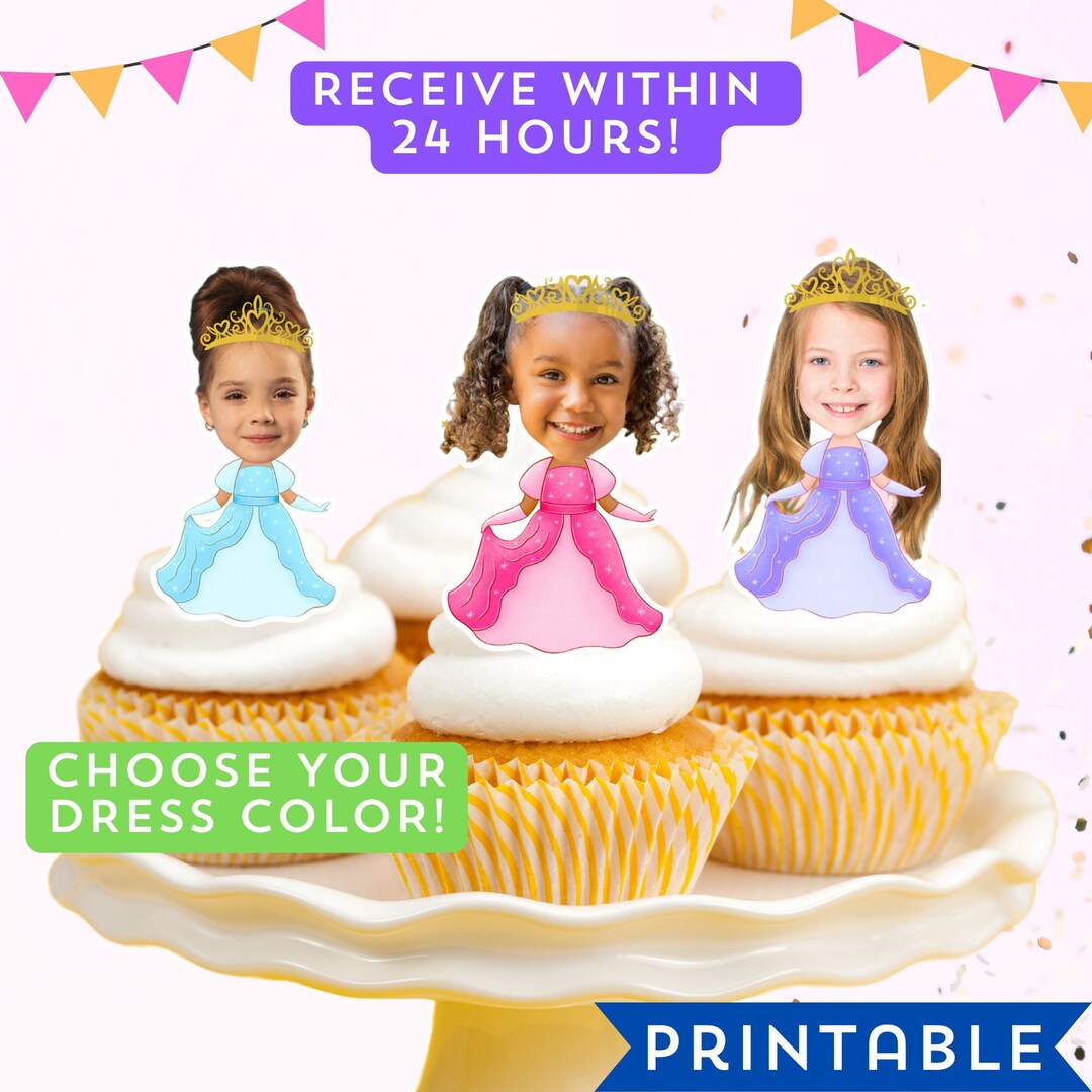 Printable Princess Cake Topper, Face Custom Photo, Sticker Cupcake ...