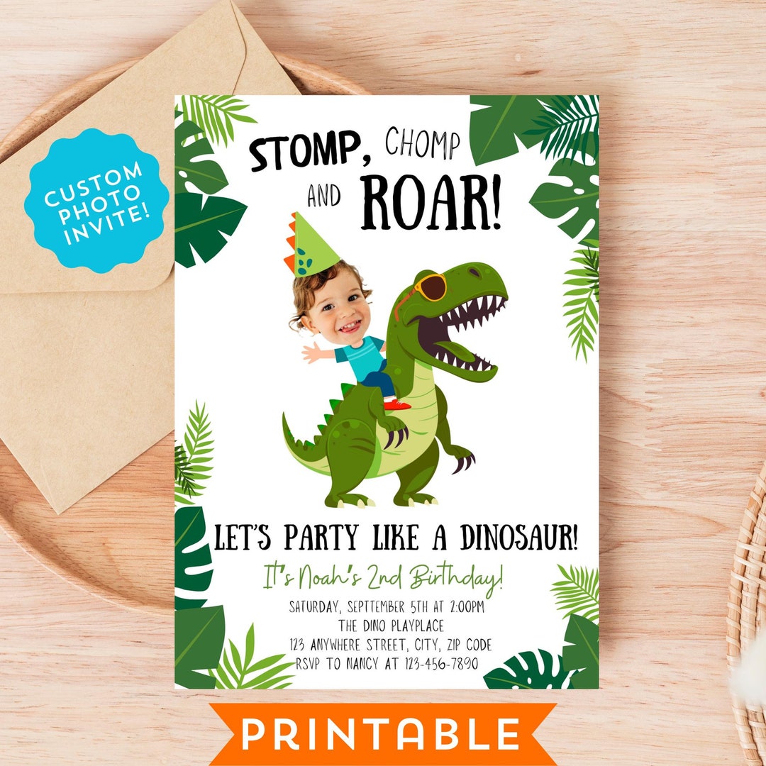 Dinosaur With Party Hat Invitation, Custom Face Photo Invite Dinosaur ...