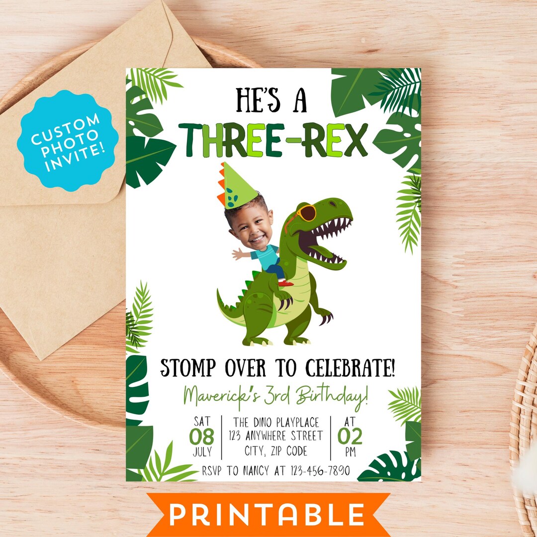 Three Rex Digital Invitation Boy, Custom Photo Face Invite, Modern ...