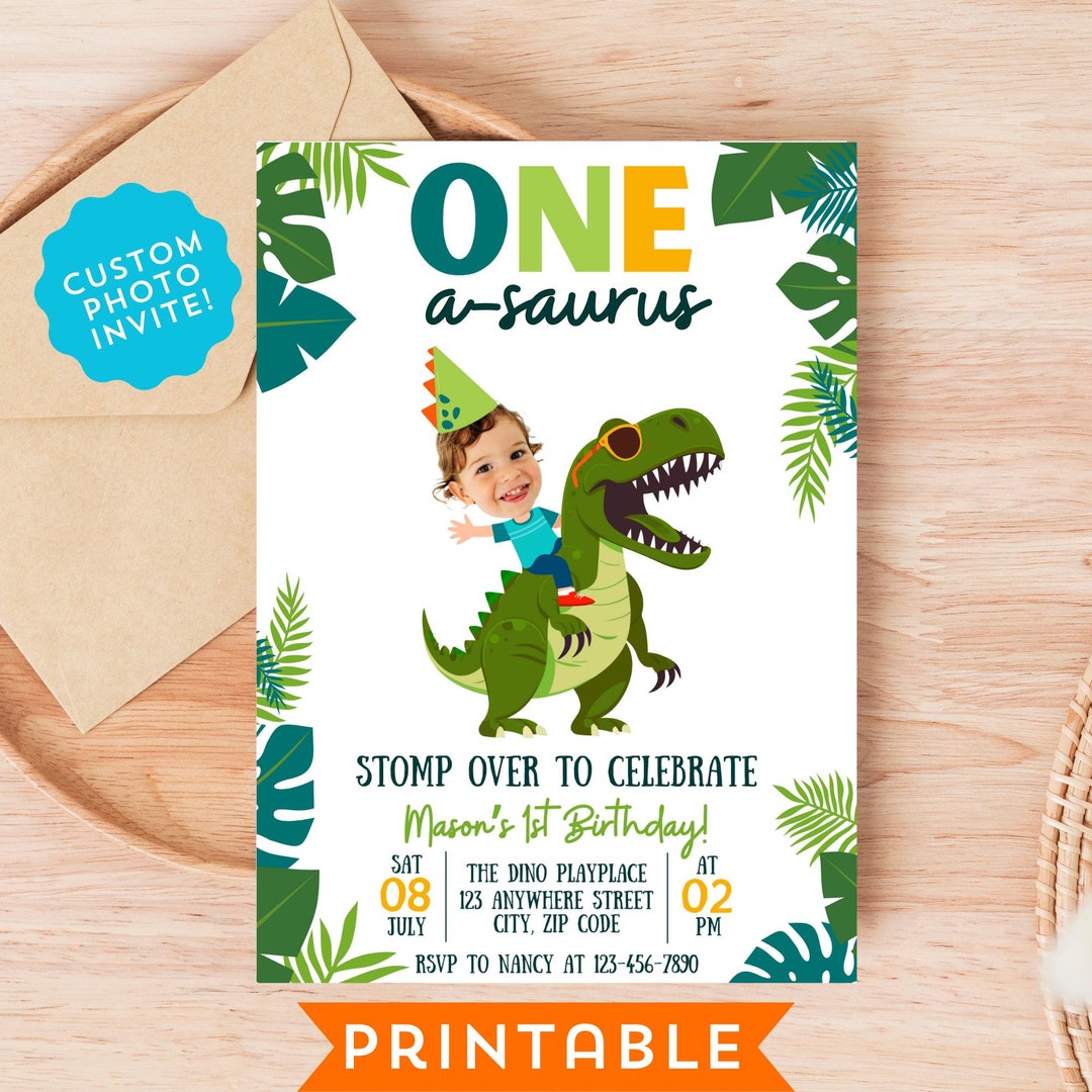 One A Saurus Birthday Invite Boy, Custom Photo Face Invitation, Boy 1st ...