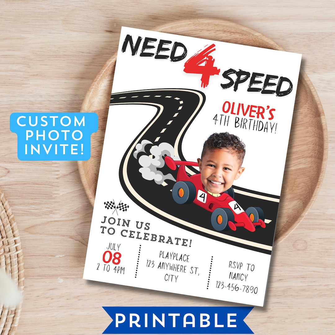 Red Need Four Speed Birthday Invitation Custom Face Photo Cutout Race ...