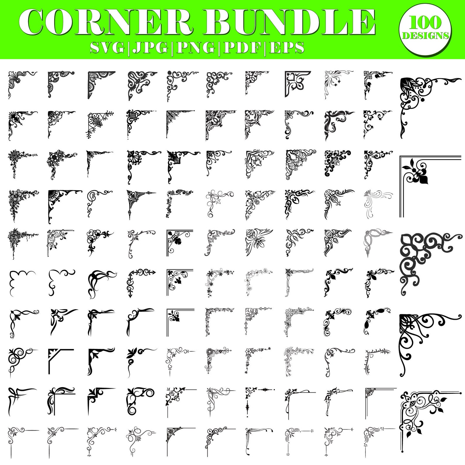 Corner Svg Bundles, Corner Svg, Floral Corner, Decorative Page Corner ...