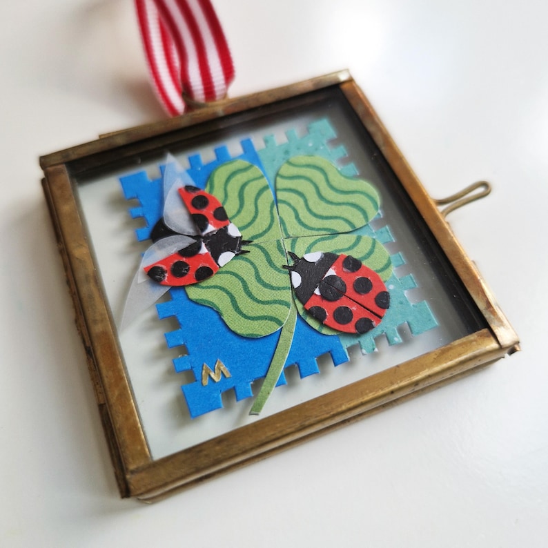 Lucky Ladybugs, Ladybirds Hand Cut Collage Hanging Decoration in Glass ...