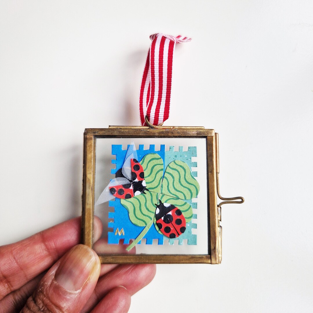 Lucky Ladybugs, Ladybirds Hand Cut Collage Hanging Decoration in Glass ...