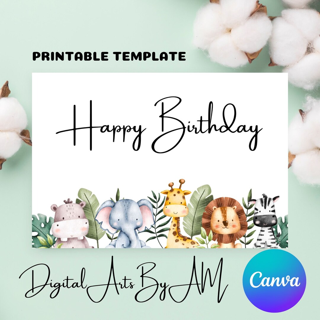 Printable Safari Jungle Animals Birthday Card for Son Daughter Grandson ...