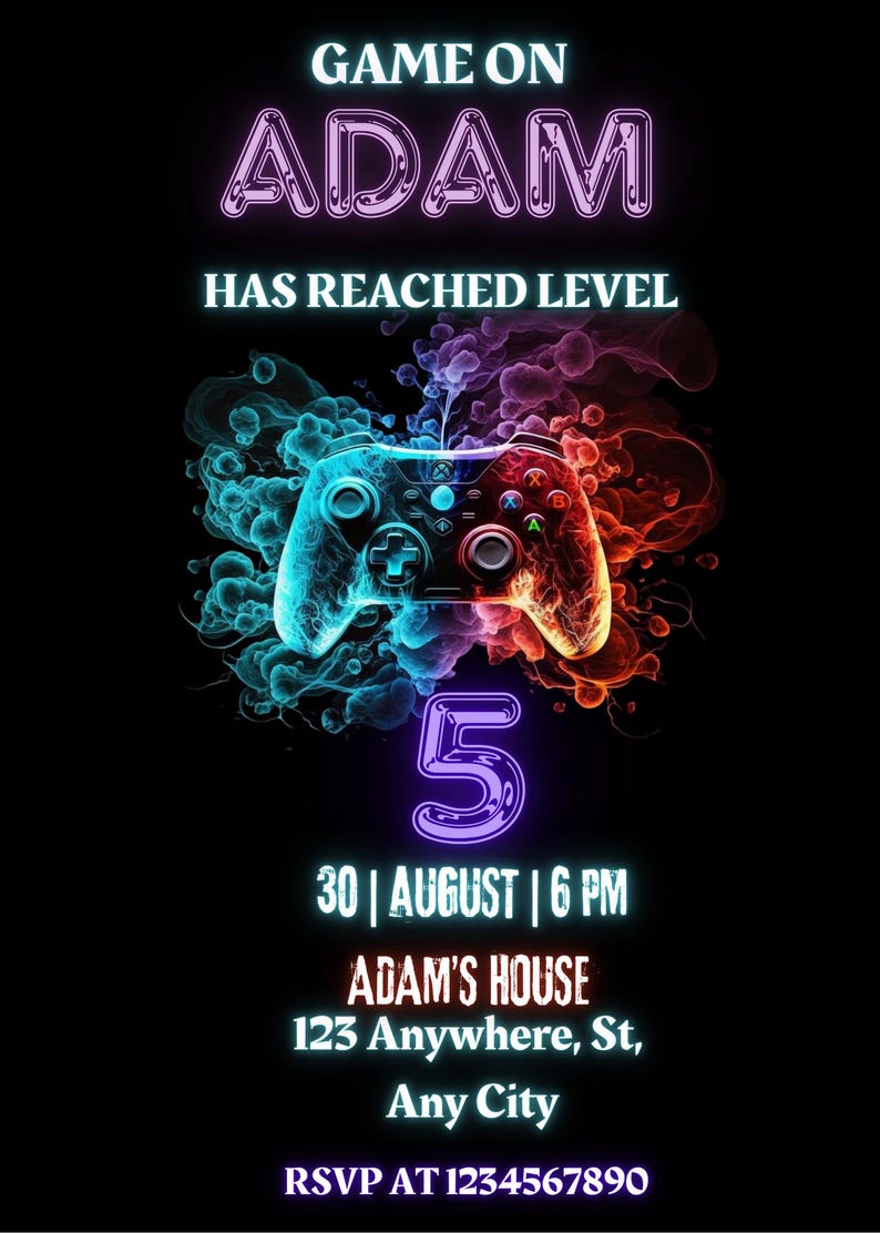 Editable Video Game Birthday Invitation Template, Printable Neon Glow ...