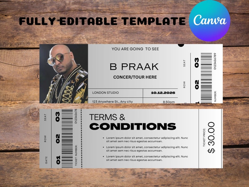 Editable Concert Ticket Template, Custom Concert Ticket Gift, DIY Event ...