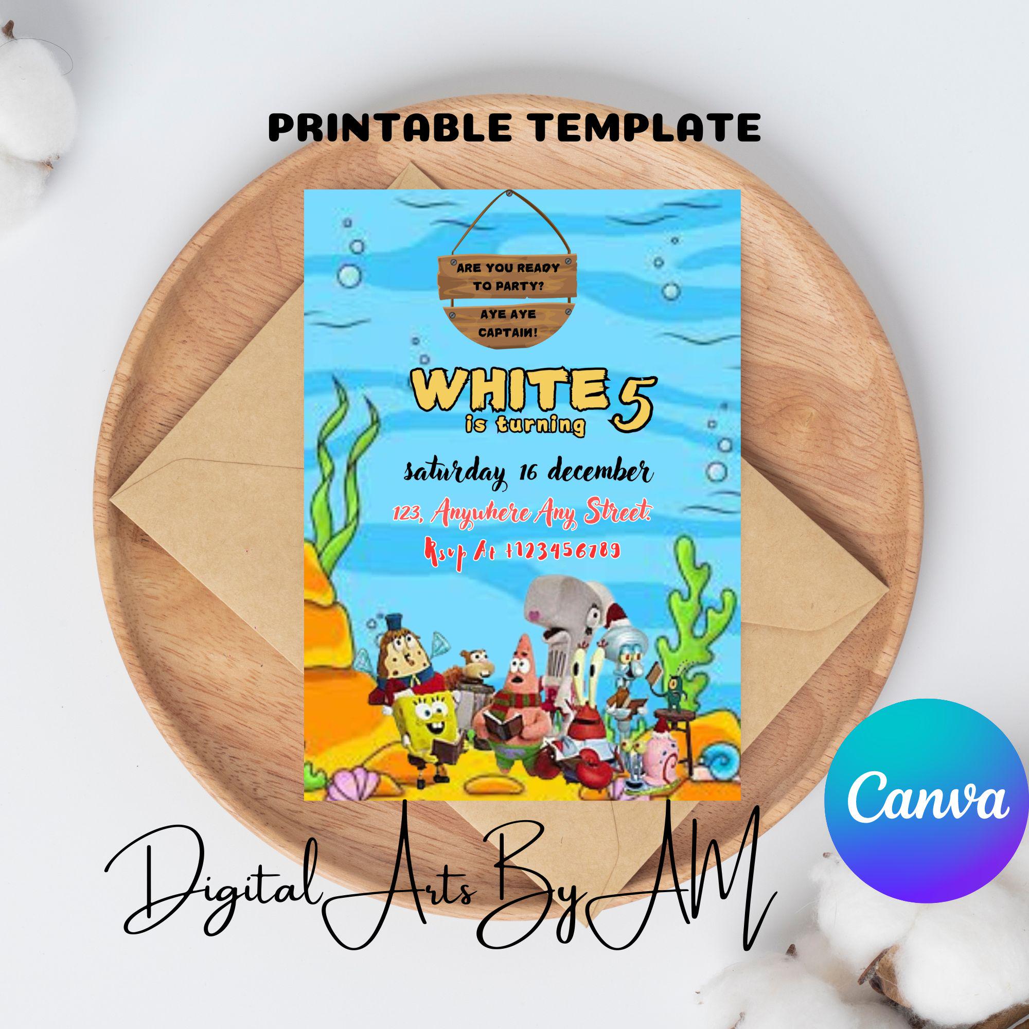 Editable Spongebob Birthday Invitation Sponge Bob Invite Template ...