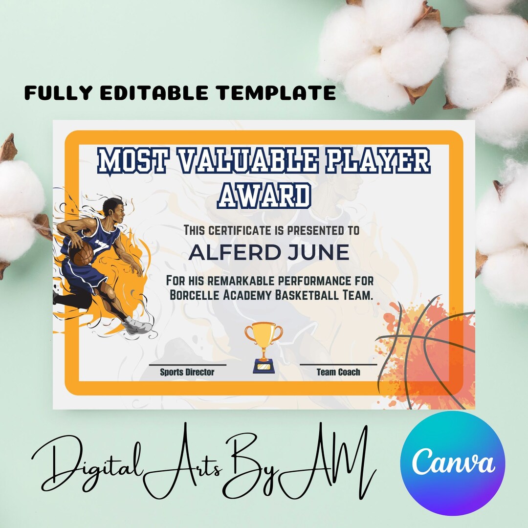 Basket Ball Award Certificate/basketball Editable Canva Template ...