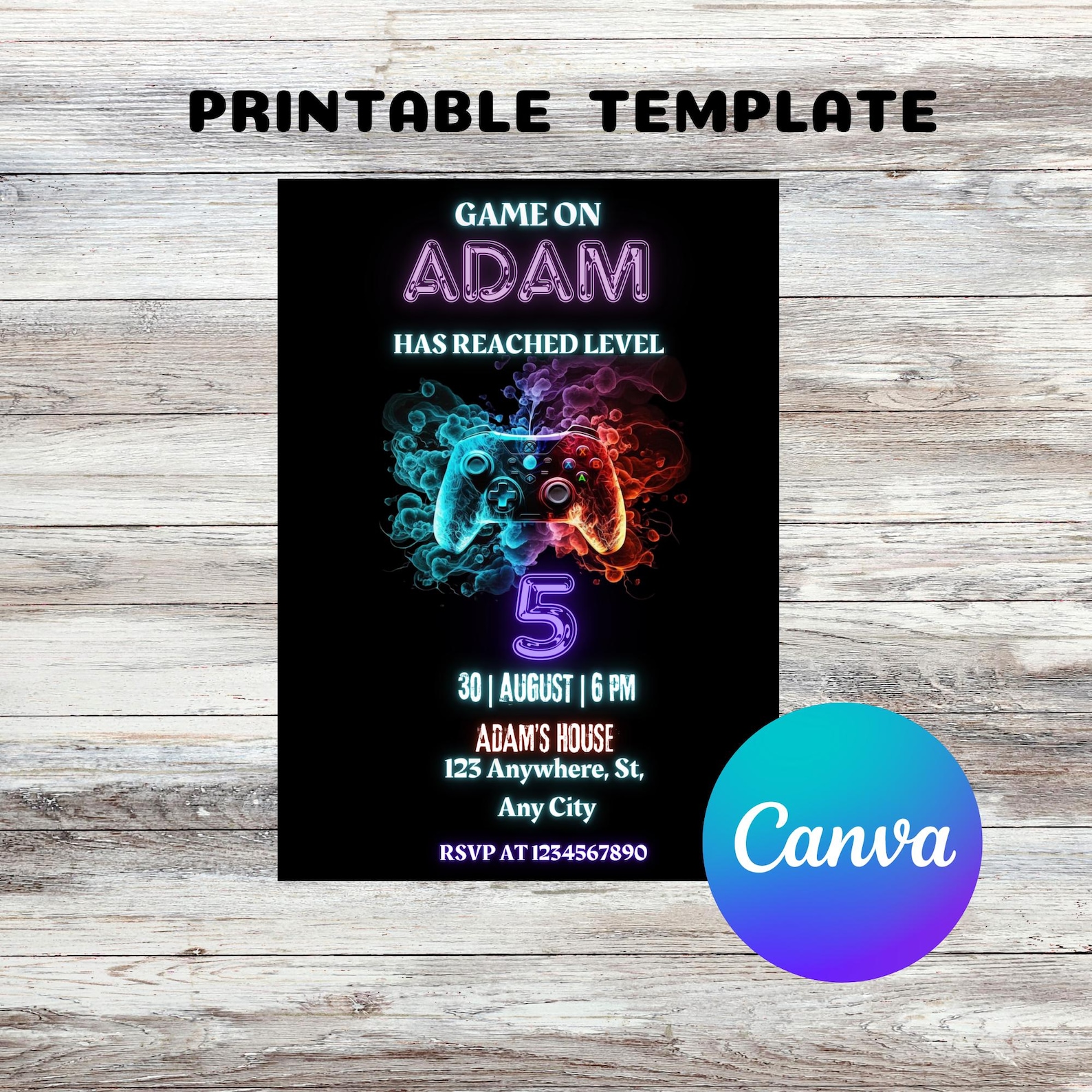 Editable Video Game Birthday Invitation Template, Printable Neon Glow ...