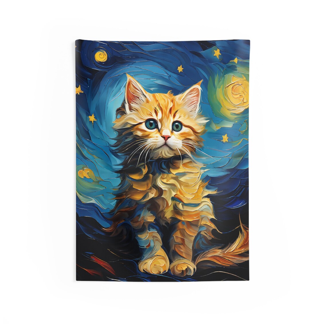 Van Gogh Starry Night Kitten Wall Tapestry, Whimsical Cat Art, Vibrant ...