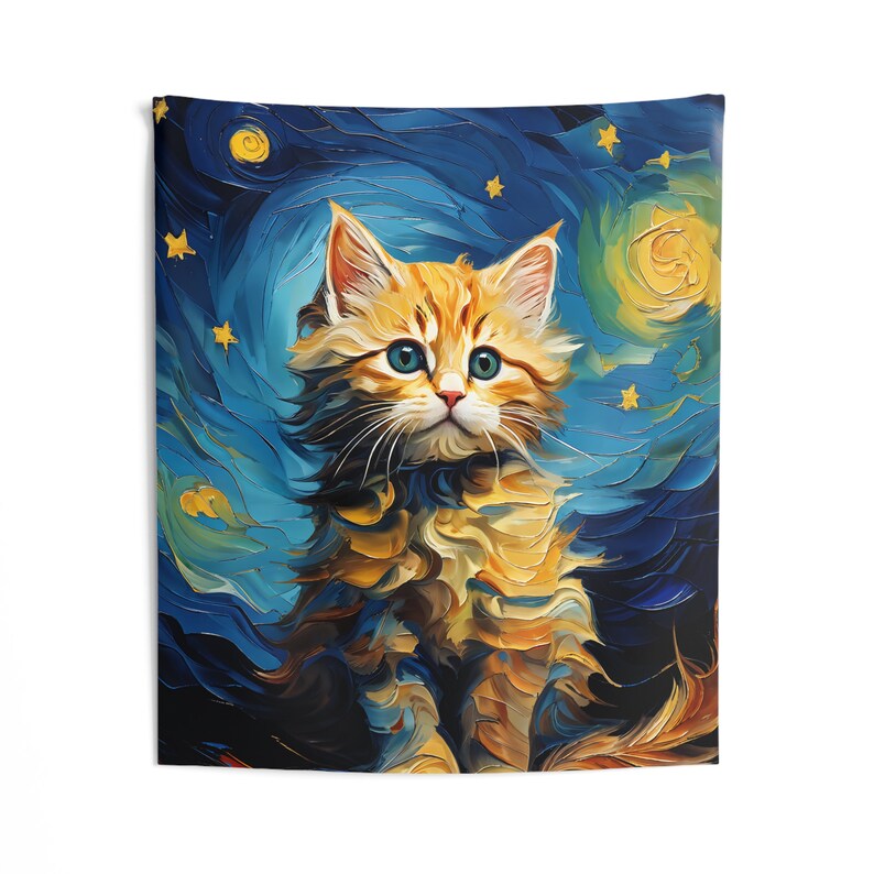 Van Gogh Starry Night Kitten Wall Tapestry, Whimsical Cat Art, Vibrant ...