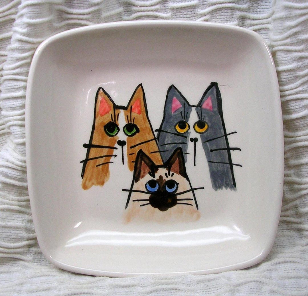 Cat Trio on Square Ceramic Dish Handmade Pet Dish by GMS - Etsy