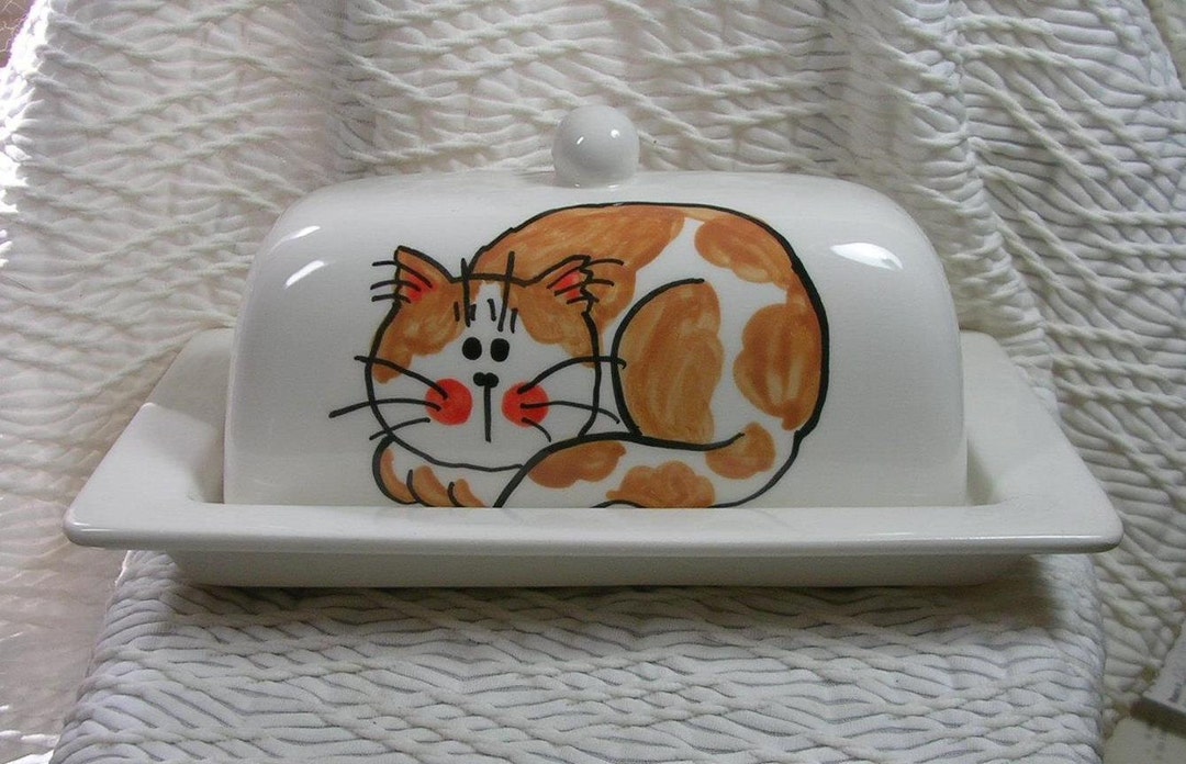 Ginger Rust Tabby Cat on Earthenware Clay Butter Dish Handpainted ...