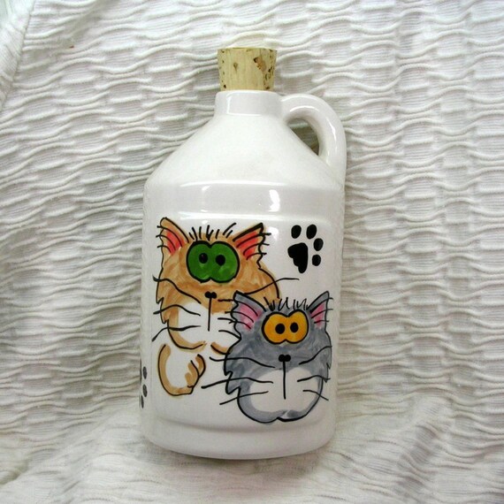 Goofy Cats Jug With Cork Top Handmade Pottery Clay Meowler by - Etsy