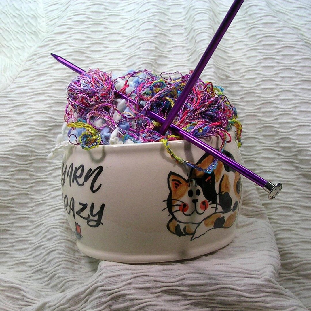YARN CRAZY Calico Cat Knitting or Crochet Bowl Handmade Original Design ...
