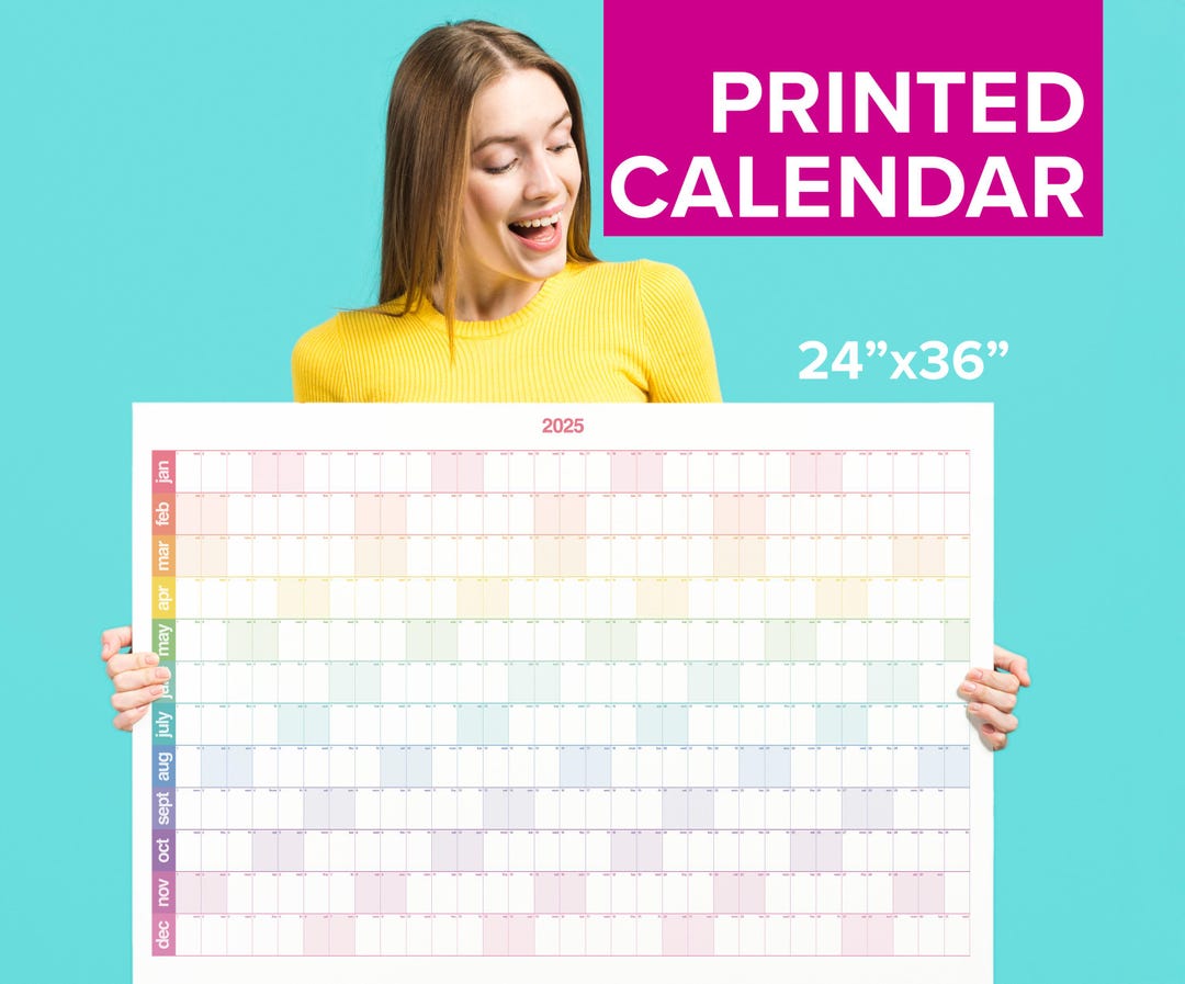 Rainbow Pastel Yearly Calendar Matte Horizontal Poster, Giant 24x36 ...