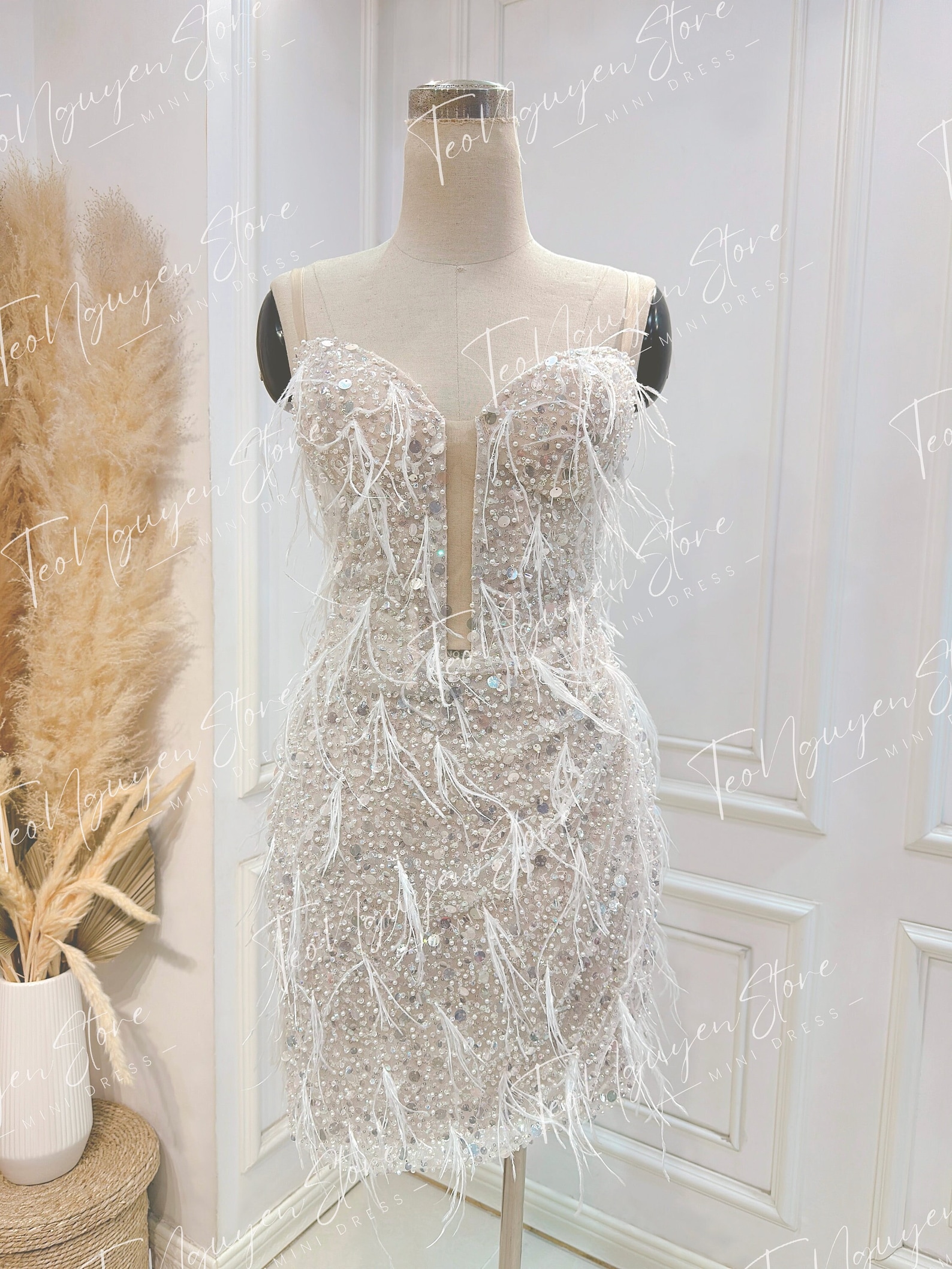 Sparkling Short Wedding Dress. Mini Wedding Dress With Feathers. Short ...