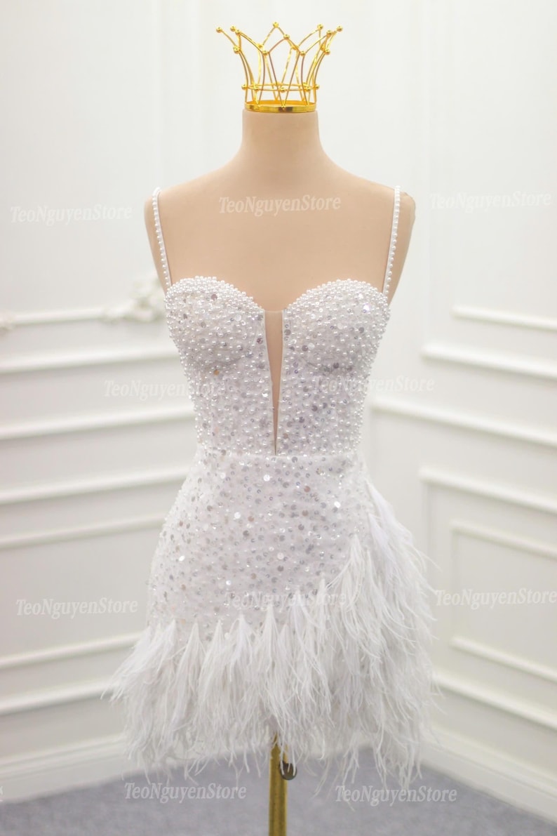 Short Beaded and Feather Wedding Dresses. Luxury Mini Wedding Dresses ...
