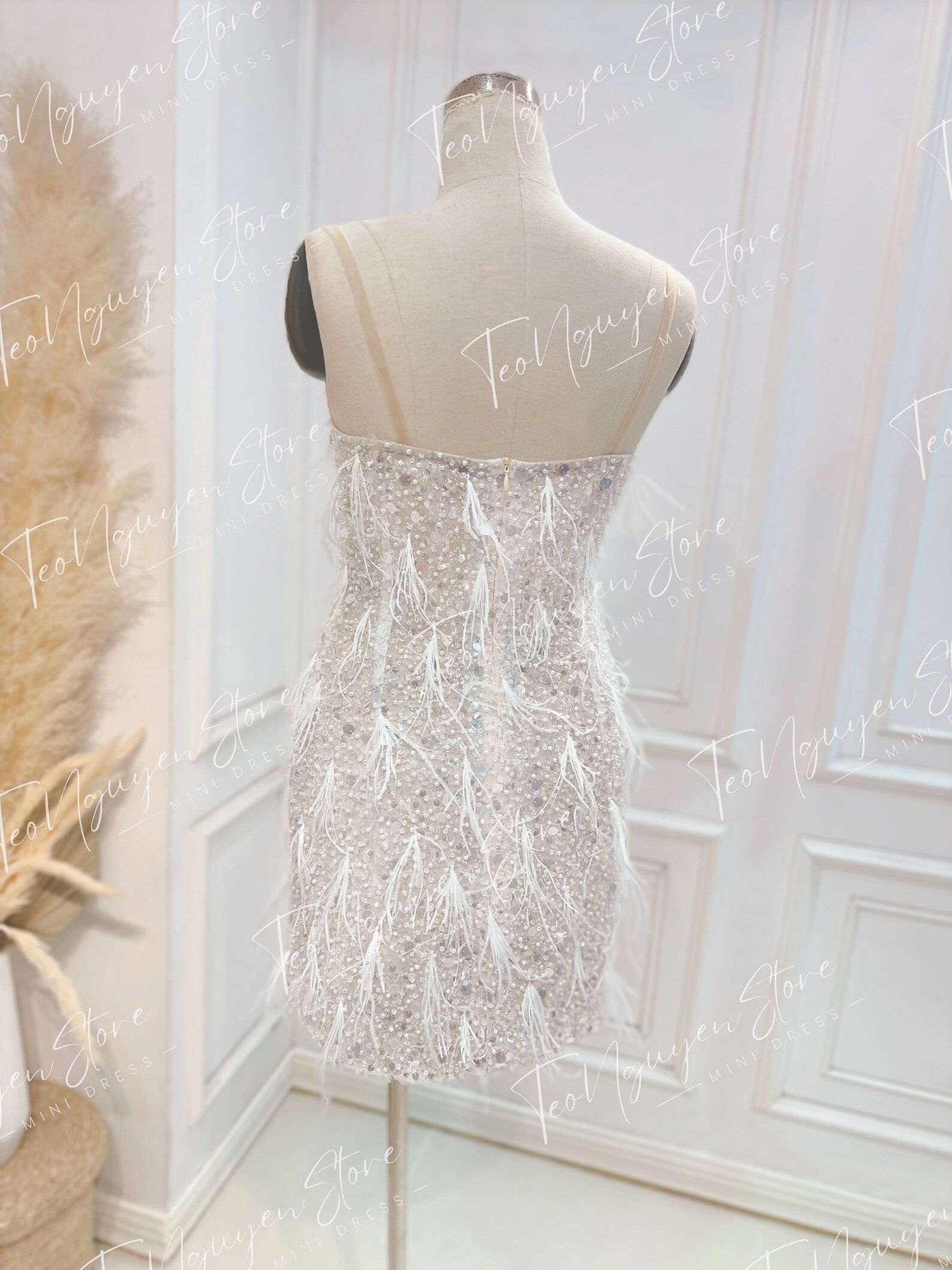 Sparkling Short Wedding Dress. Mini Wedding Dress With Feathers. Short ...