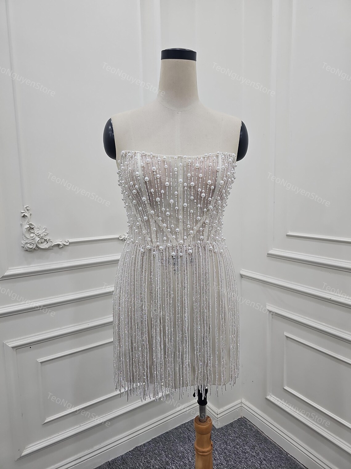 Beaded Fringe Mini Dress, Sparkly Pearl Tassel Party Dress, Handmade ...