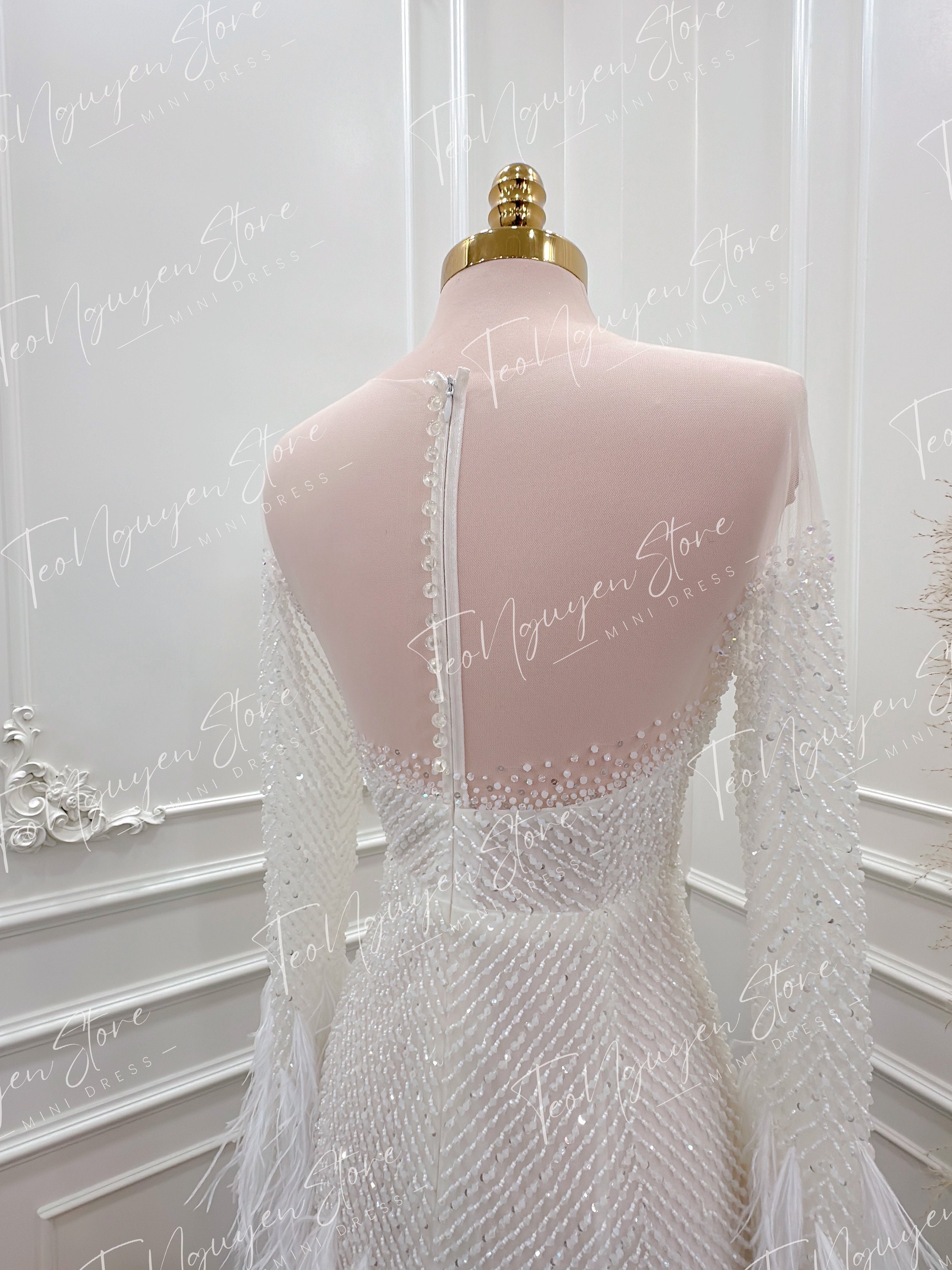 Short Beaded Wedding Dress. Mini Wedding Dress With Beads and Feathers ...