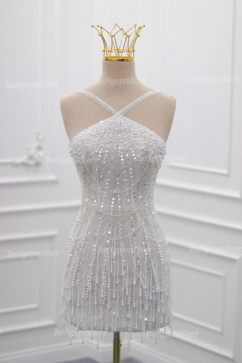 Short Pearl Reception Dress. Short Sparkling Wedding Dress. Pearl and ...