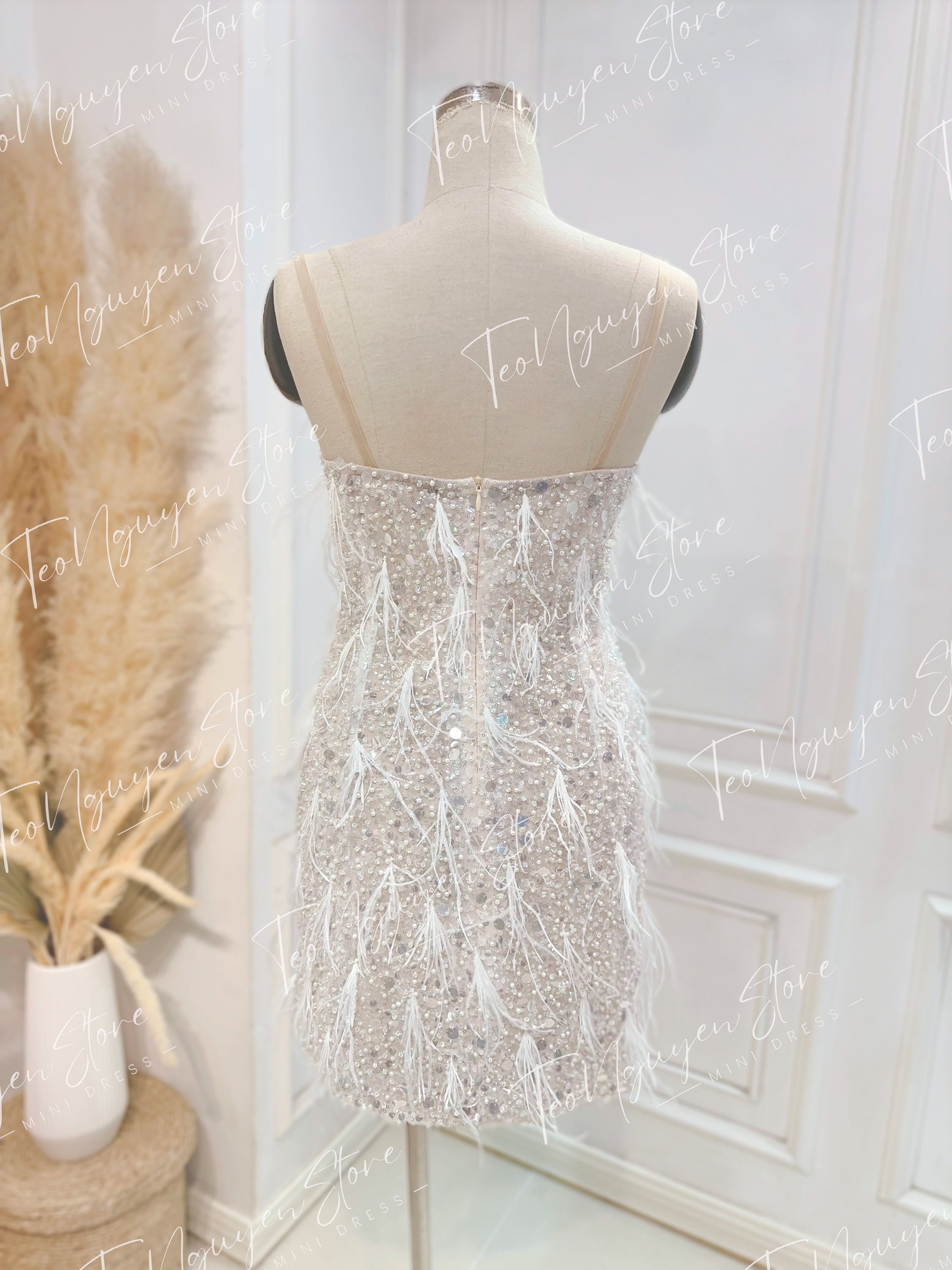 Sparkling Short Wedding Dress. Mini Wedding Dress With Feathers. Short ...