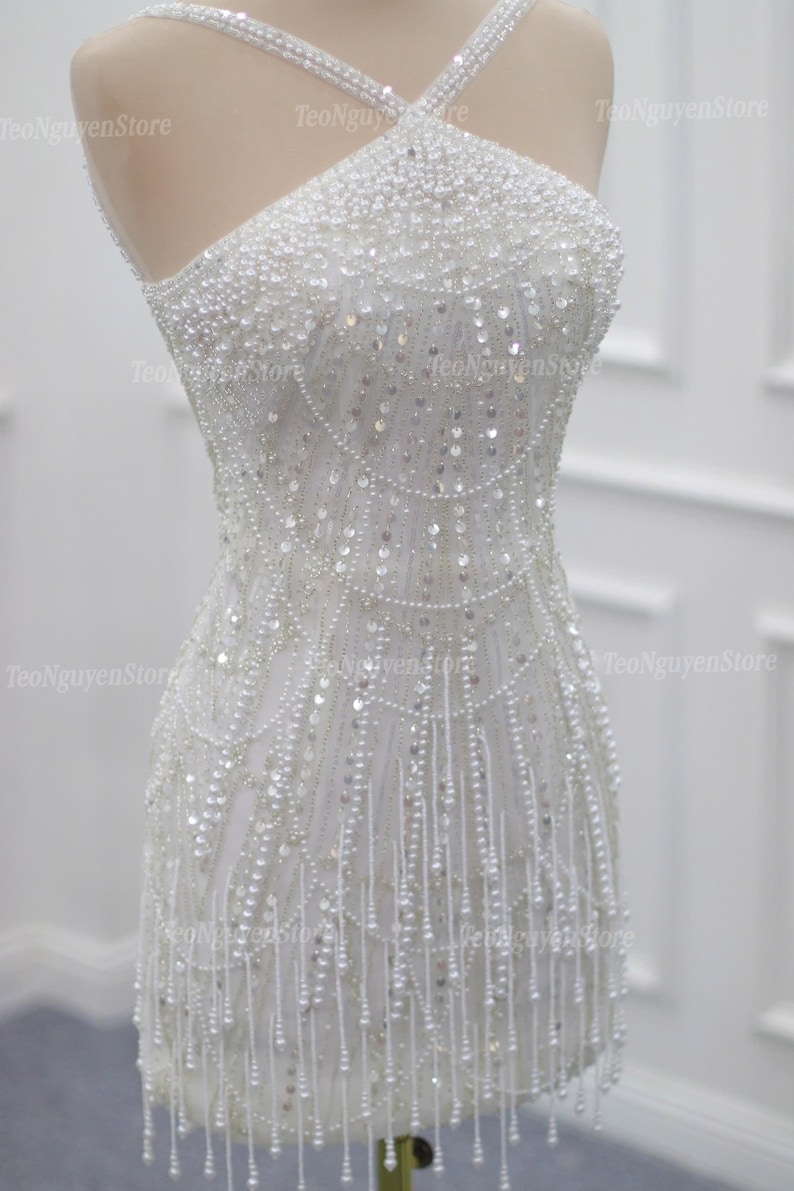 Short Pearl Reception Dress. Short Sparkling Wedding Dress. Pearl and ...