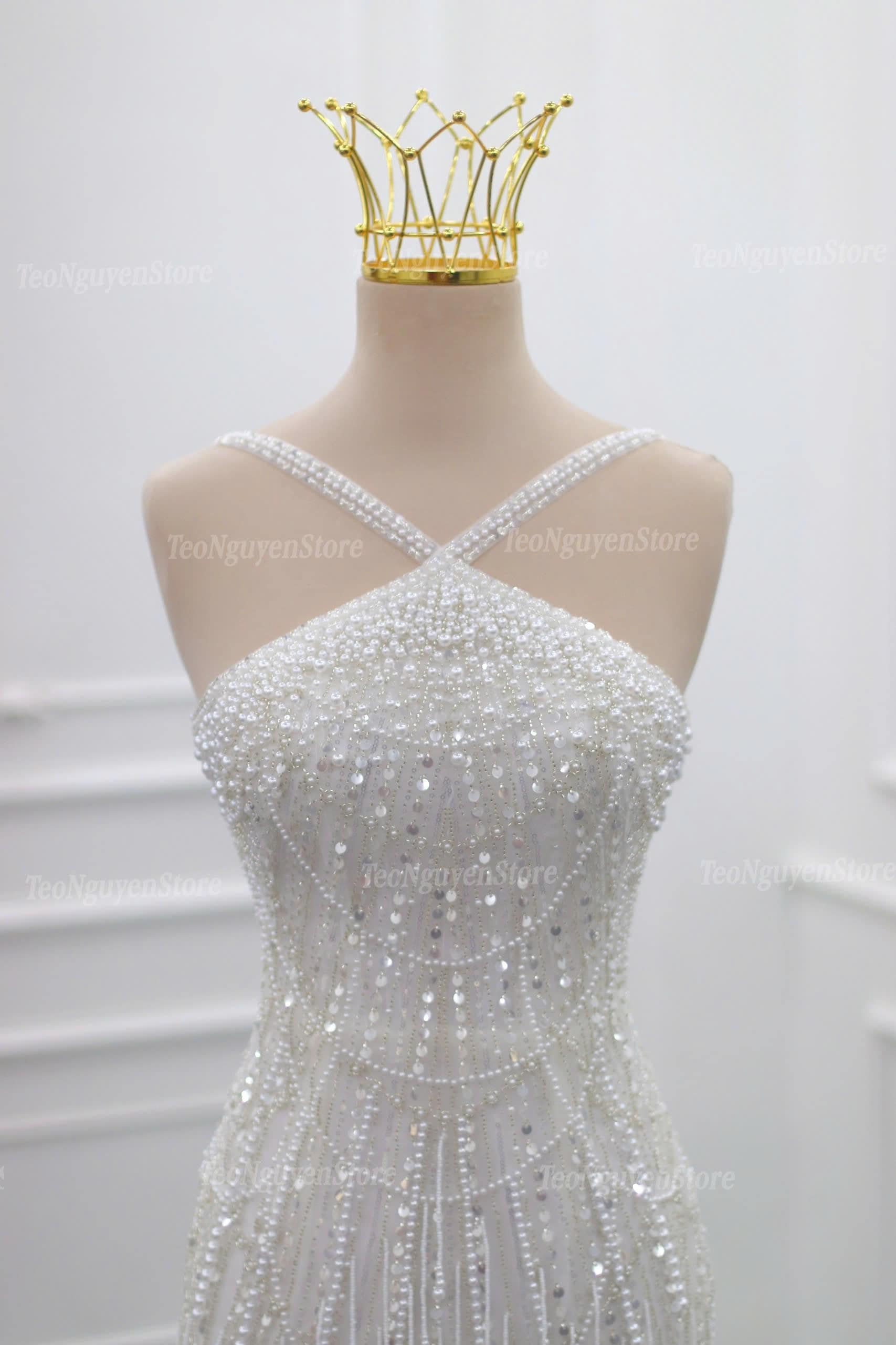 Short Pearl Reception Dress. Short Sparkling Wedding Dress. Pearl and ...