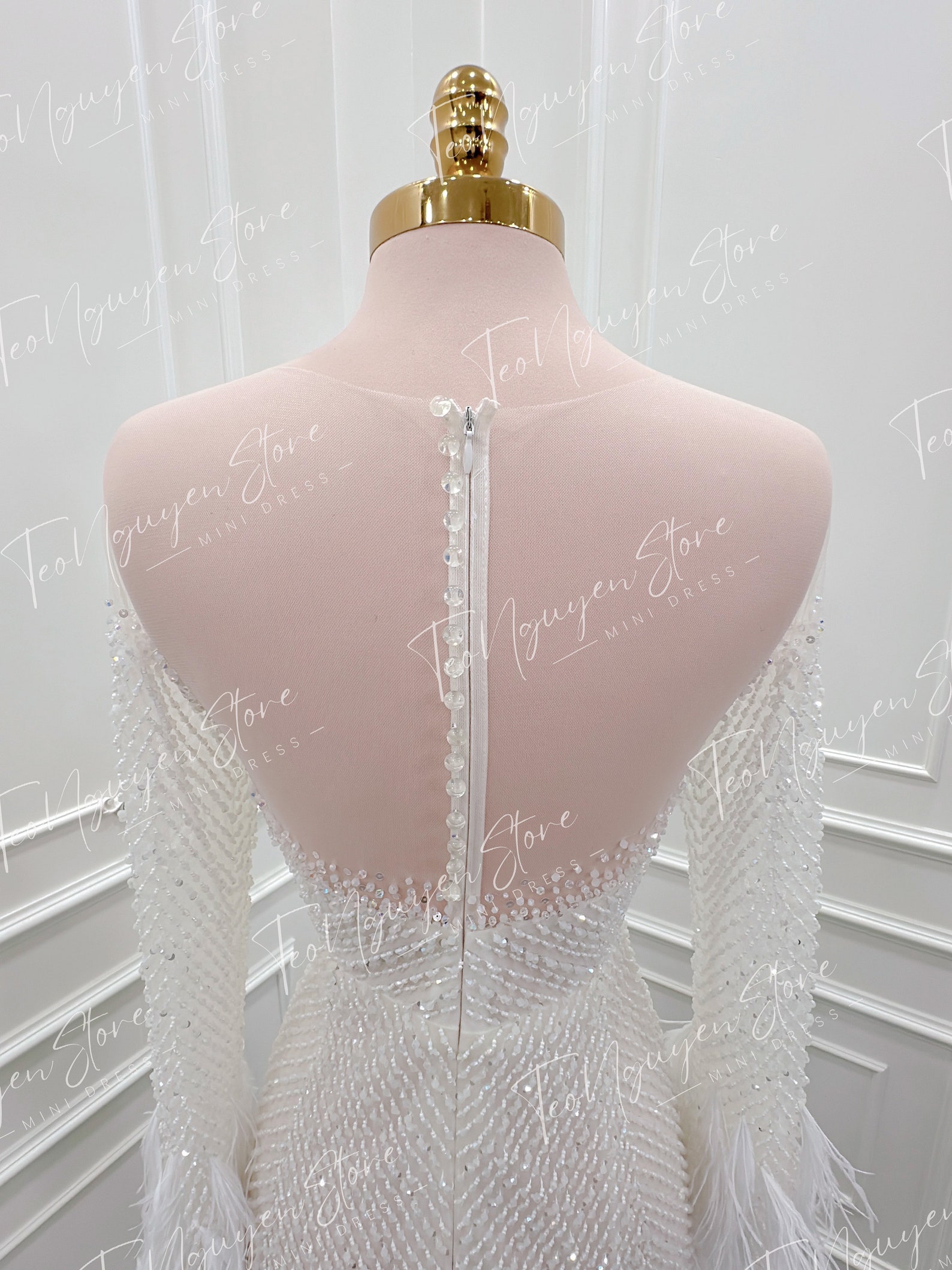 Short Beaded Wedding Dress. Mini Wedding Dress With Beads and Feathers ...